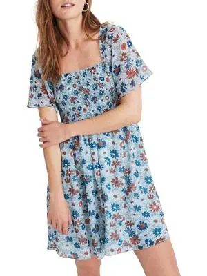Madewell Wildflower Garden Smocked Flutter Sleeve Dress - Poolhouse Floral Feather Blue