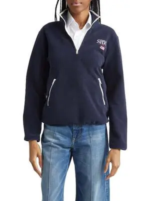 SPORTY & RICH Nautical Embroidered Polar Fleece Half Zip Sweatshirt - Dark Navy
