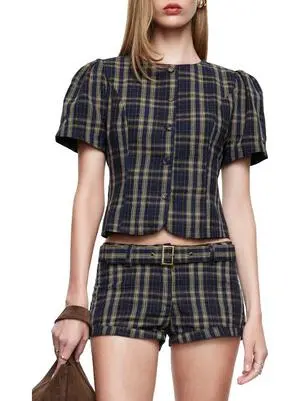 Lioness Plaid Button-up Top - Navy Lemon Plaid