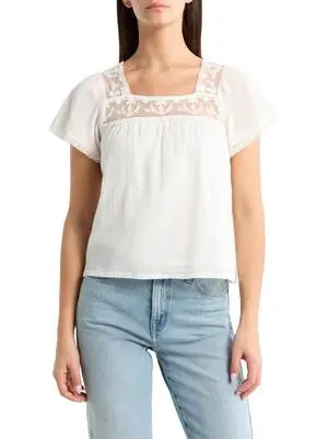 Lucky Brand Lace Mesh Square Neck Top - Cream