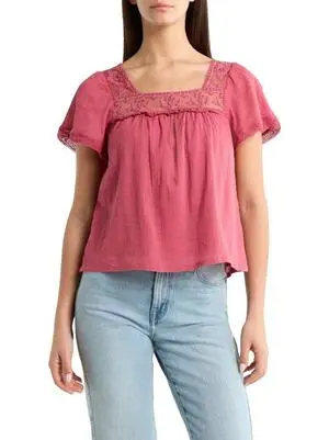 Lucky Brand Lace Mesh Square Neck Top - Rose Wine