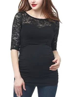KIMI + KAI Maternity Lace Trim Top - Black