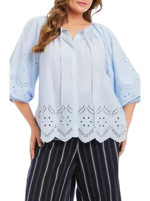 Karen Kane Eyelet Embroidered Cotton Button-up Top - Blue