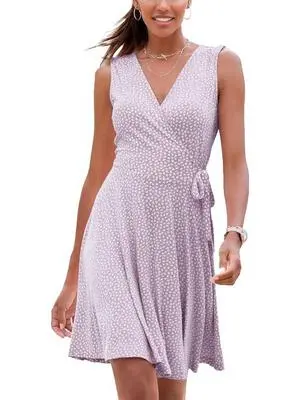 LASCANA Sleeveless Wrap Front Floral Print Jersey Dress - Lilac Printed