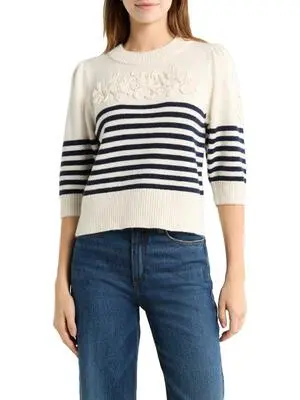 Rails Martha Striped Floral Appliqué Sweater - Ivory Navy Floral Stripe