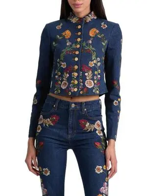 Alice + Olivia Emerson Floral Embroidered Denim Jacket - Catherine Dark Multi