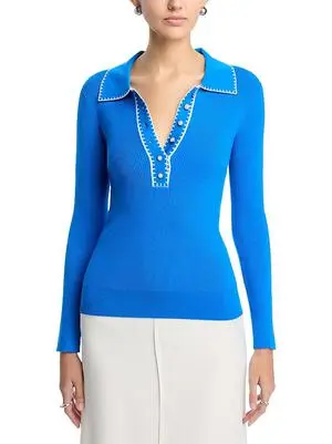 T Tahari Contrast Whipstitch Ribbed Sweater - Cobalt Stone
