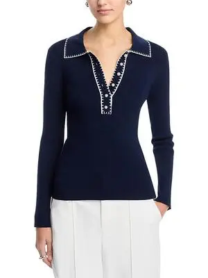 T Tahari Contrast Whipstitch Ribbed Sweater - Navy/ White