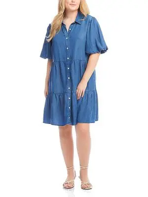 Karen Kane Puff Sleeve Tiered Shirt Dress - Chambray