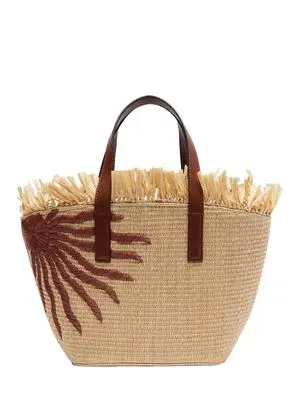 Farm Rio Small Fringed Leather-trimmed Raffia Tote Bag - Beige