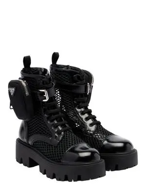 Prada Leather-trimmed Mesh Combat Boots - Black