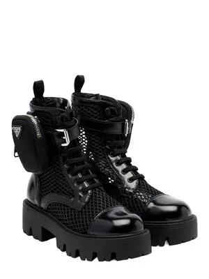 Prada Leather-trimmed Mesh Combat Boots - Black