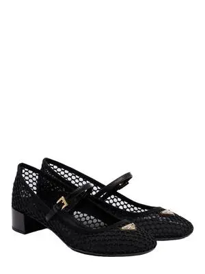 Prada Leather-trimmed Mesh Mary Jane Pumps - Black