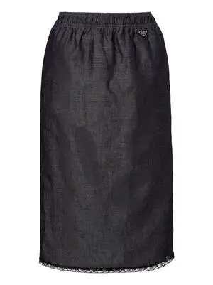Prada Lace-trimmed Cotton-linen Midi Skirt - Blue