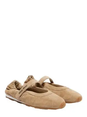 Miu Miu Plume Suede Ballet Flats - Beige