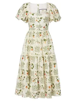Agua Bendita Embellished Printed Linen Midi Dress - White