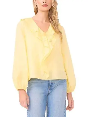 Vince Camuto Ruffle V-neck Cotton Top - Lemon Cream