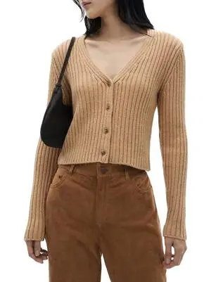 Mango V-neck Ribbed Cardigan - Medium Brown