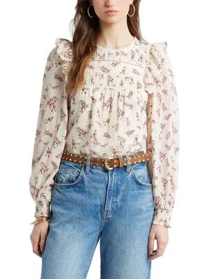 Treasure & Bond Ladder Cutout Cotton Top - Ivory- Pink Posy Floral