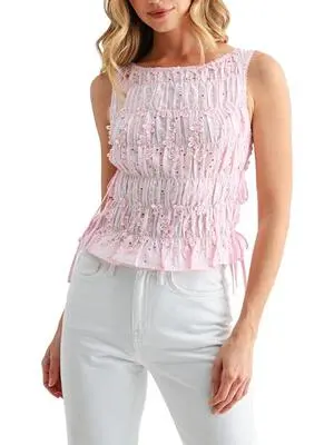 ALL IN FAVOR Embroidered Eyelet Smocked Sleeveless Top - Pink