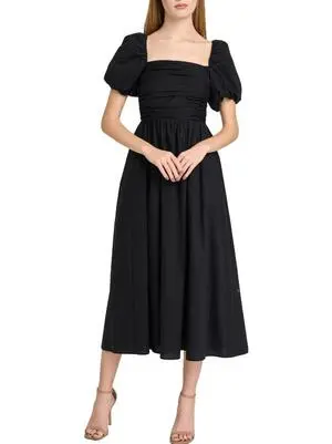 WAYF Lucy Ruched Puff Sleeve Midi Dress Black