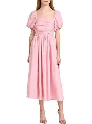 WAYF Lucy Ruched Puff Sleeve Midi Dress - Pink