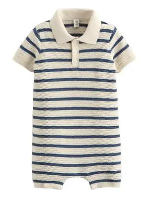 Nordstrom Cotton Polo Sweater Romper - Ivory Blue Gill Stripe