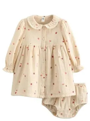 Nordstrom Button Front Long Sleeve Dress And Bloomers Set - Ivory Whitecap Strawberry Dots