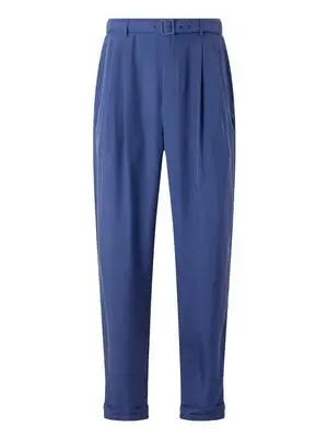 Saint Laurent Tapered Belted Pleated Silk Trousers - Blue