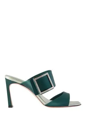 ROGER VIVIER Trompette 85 Crystal-embellished Satin Mules - Forest Green