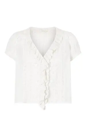 DÔEN Clairette Cropped Ruffled Lace-trimmed Organic Cotton-voile Top - White