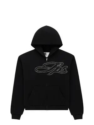 SP5DER Rhinestone Script Full Zip Hoodie - Black