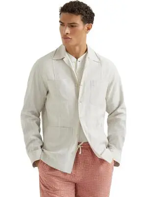 Brunello Cucinelli Rope Cotton And Linen Jacquard Stripe Easy Fit Guayabera - Beige