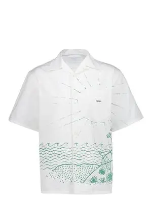 Prada White And Green Printed Cotton Bowling Shirt Green