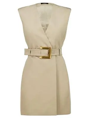 Balmain Gabardine Cotton Belted Mini Dress - Beige