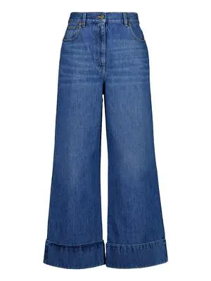 Valentino Garavani Denim Wide Leg Trousers With Cuffs - Blue