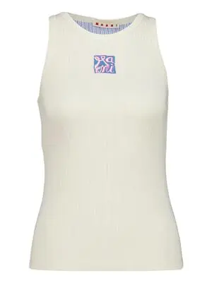 Marni Ribbed Cotton Tank Top With Logo - Cream