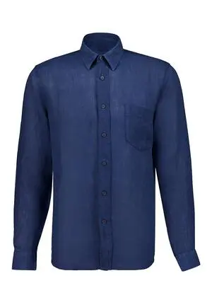 120% Lino Navy Linen Long-sleeved Shirt - Blue