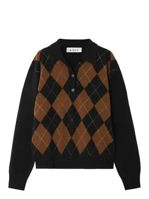 RÓHE Argyle Wool Polo Sweater - Black