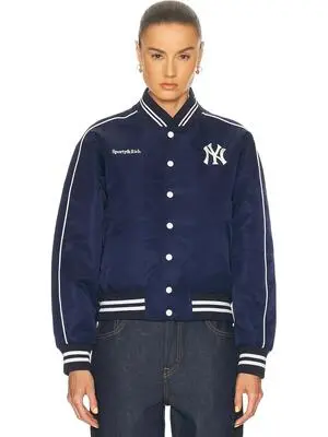 SPORTY & RICH Yankees Curve Nylon Varsity Jacket - Dark Navy & White
