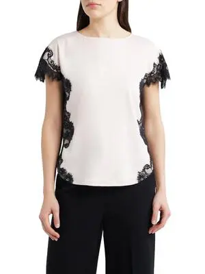 Anne Klein Lace Trim Bateau Neck Top - Soft Blossom