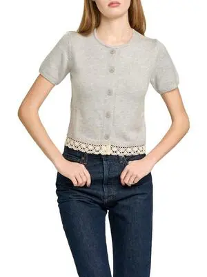 WAYF Carine Lace Trim Button-front Cardigan - Light Heather Grey