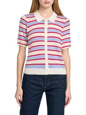 WAYF Wesley Collar Striped Cardigan - Blue Stripe