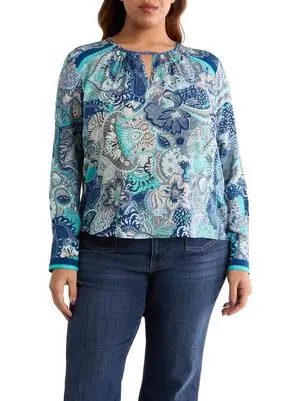 LIVERPOOL Print Keyhole Top - Aqua Blue Multi
