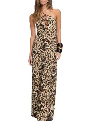 Agua Bendita Elise Print Keyhole Halter Cover-up Maxi Dress - Leopard