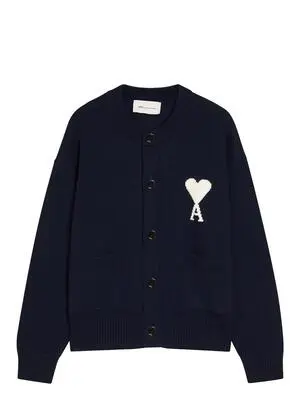 Ami Logo Intarsia Wool-blend Cardigan - Navy