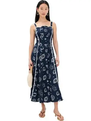 Moon River Scalloped Midi Dress - Navy Multi