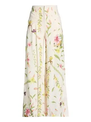 Agua Bendita Floral Print Linen Wide-leg Pants - Ecru