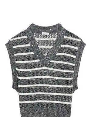 Brunello Cucinelli Sequin-embellished Striped Linen-blend Vest - Gray