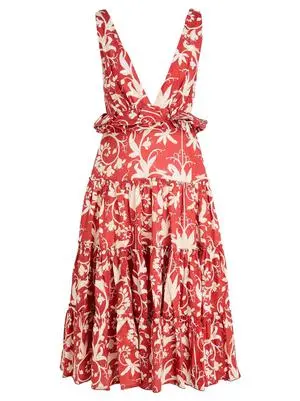 Agua Bendita Lago Maiz Tiered Floral-print Linen Midi Dress - Brick